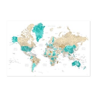 Teal and brown watercolor detailed world map Maps Art Print/Poster ...