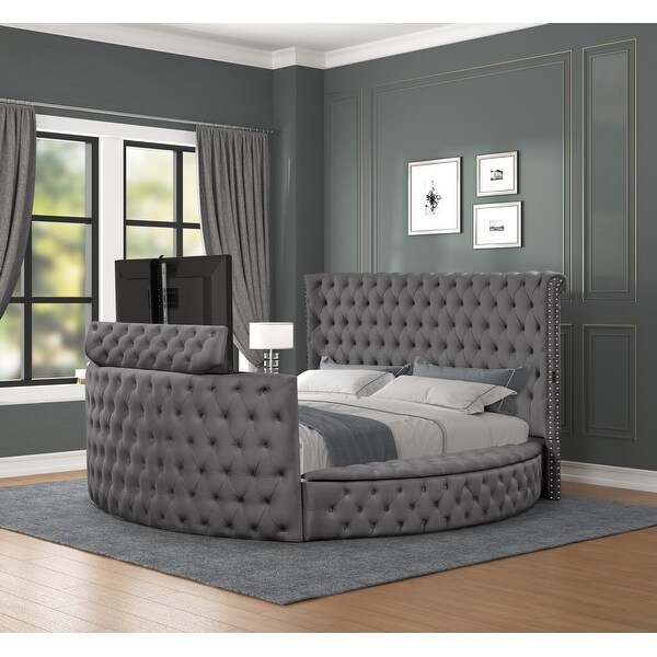 Queen Grounded Bed Thick Fabric Low-Profile Upholstered Platform Bed ...
