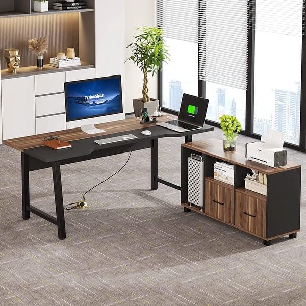Large Office Executive Computer Desk with Outlet and File Cabinet 70.9 ...