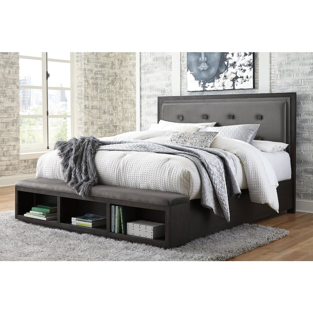 Hyndell California King Upholstered Panel Bed with Storage - Dark Brown ...