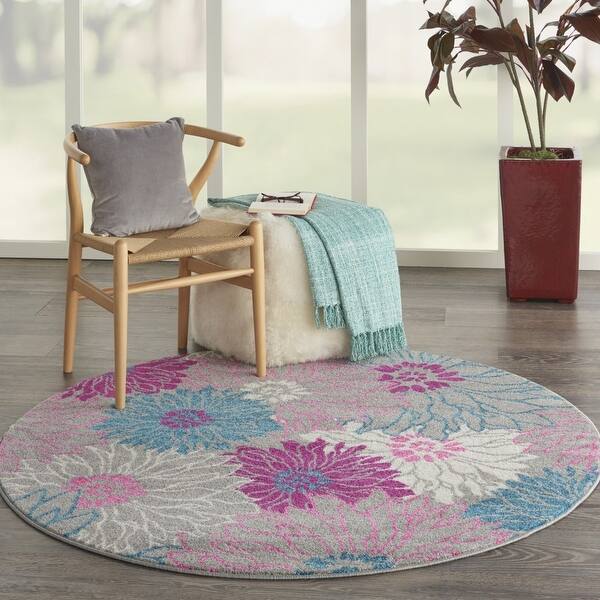 5' Round Gray and Pink Tropical Flower Area Rug - 3'6" - Bed Bath ...