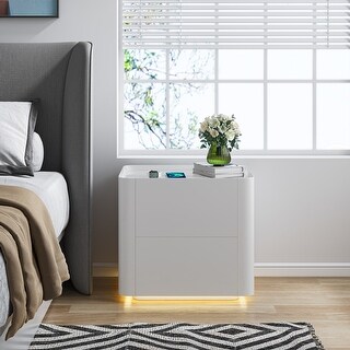Gloss White Glossy Wood Nightstand End Side Table with Warm Yellow Tone ...
