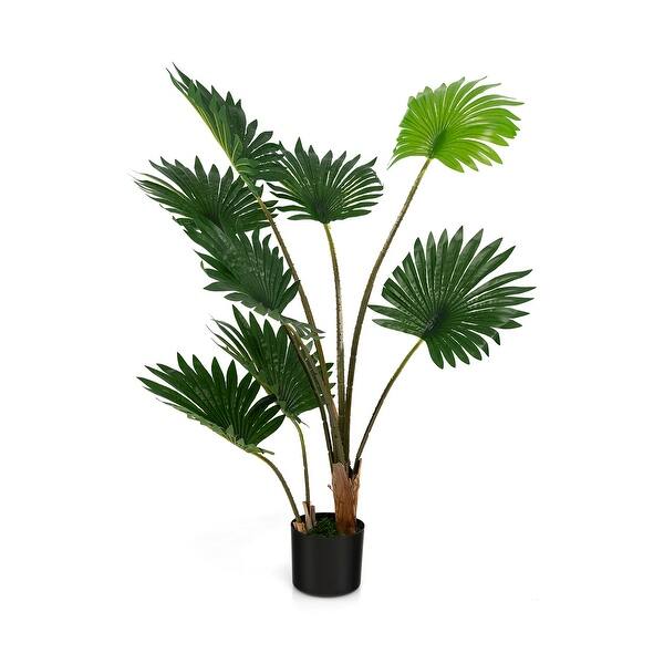4 Ft Artificial Fan Palm Tree Faux Palm Tree with Cement Pot - Bed Bath ...