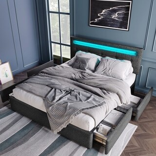 Grey Linen LED-Lit Platform, Adjustable Height, 4 Drawers - Bed Bath ...