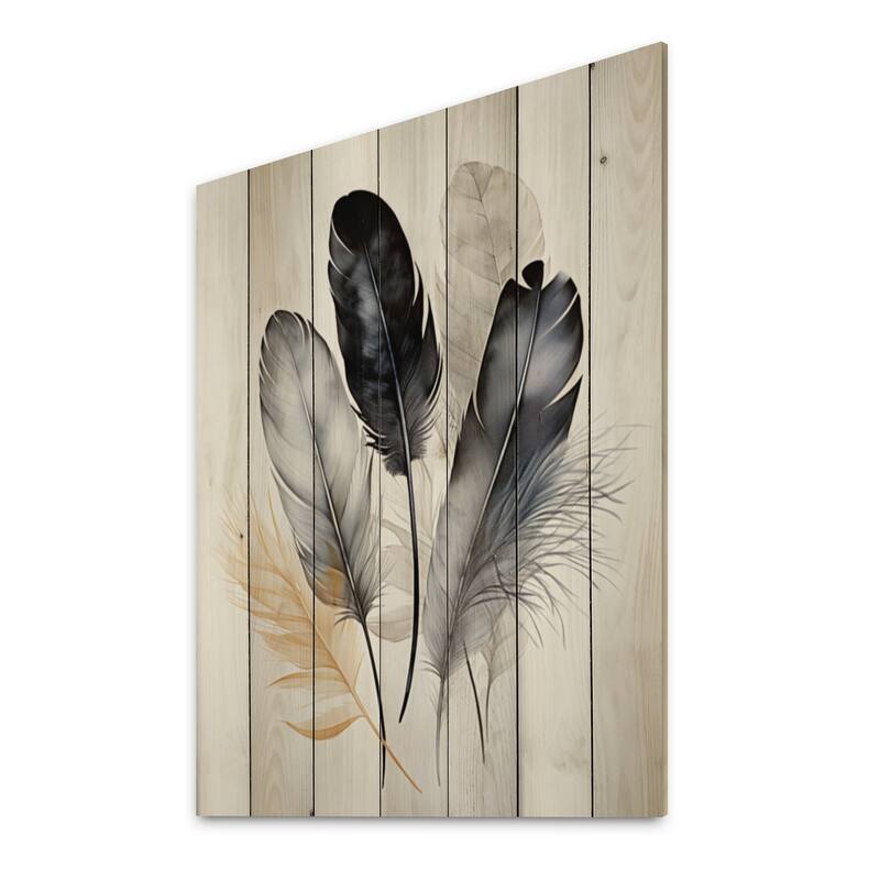 Designart "Asian Art Feathers Sumi III" Asian Print on Natural Pine ...