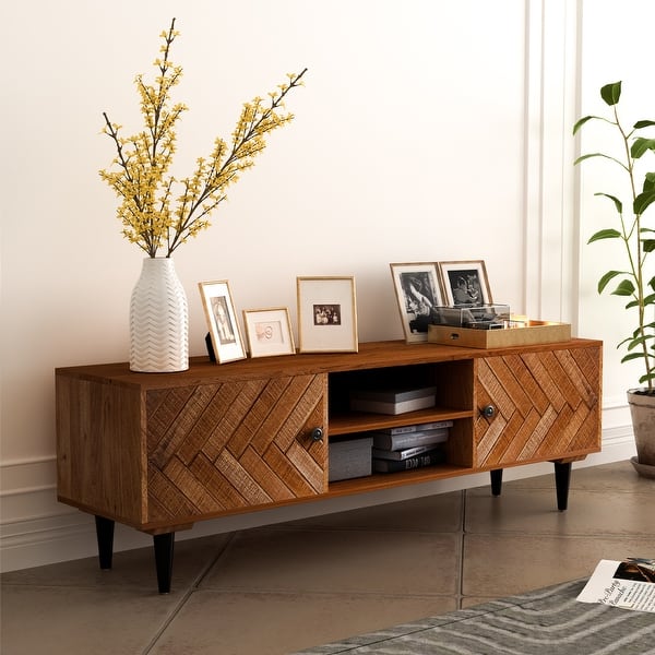 ExBrite Solid Wood Media Console Woodcraft HerringBone Pattern 2 Doors ...