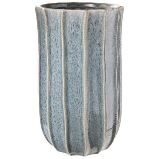 Elle 12 Inch Round Ceramic Vase with Embossed Vertical Lines, Blue ...