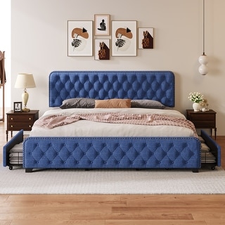 King Size Platform Bed Upholstered Bed Frame with Four Drawers, Button ...