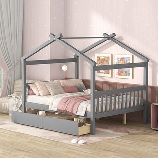 Full Size Kids Wooden House Bed with 2 Storage Drawers, Sturdy Pood ...
