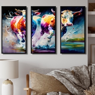 Designart "Cows Running II" Animals Cow Framed Canvas Art Print - 3 ...