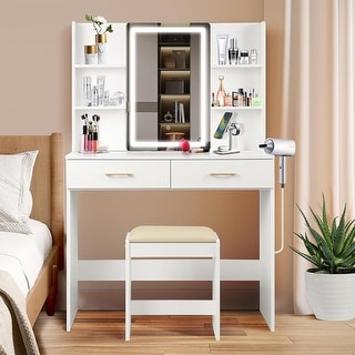 Vanity Set with Mirror and Stool and Lights,white - White - Bed Bath ...