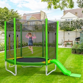 7FT Outdoor Recreational Trampoline with Safety Enclosure Net Slide ...