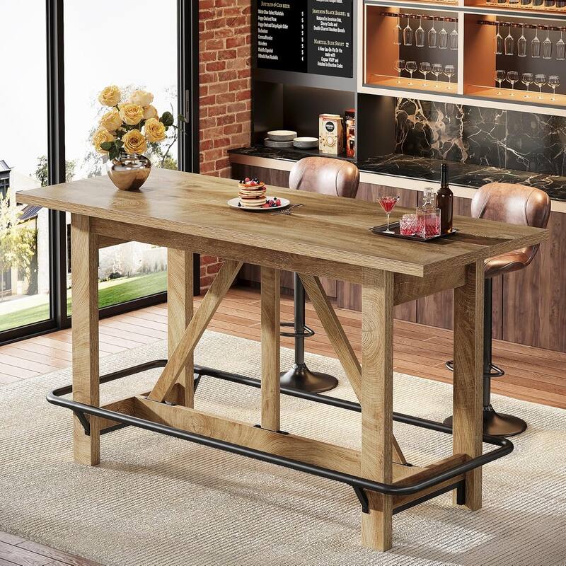 63 inch Bar Table, Long Counter Height Pub Dining Table with Footrest ...