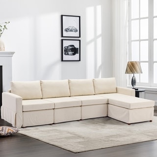 Modern Cream Straight Row Sectional Sofa L-Shaped Sleeper Couch with ...