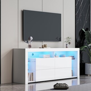 LED TV Cabinet, TV Stand with 4 Storage Cabinet & Open Shelves - Bed ...
