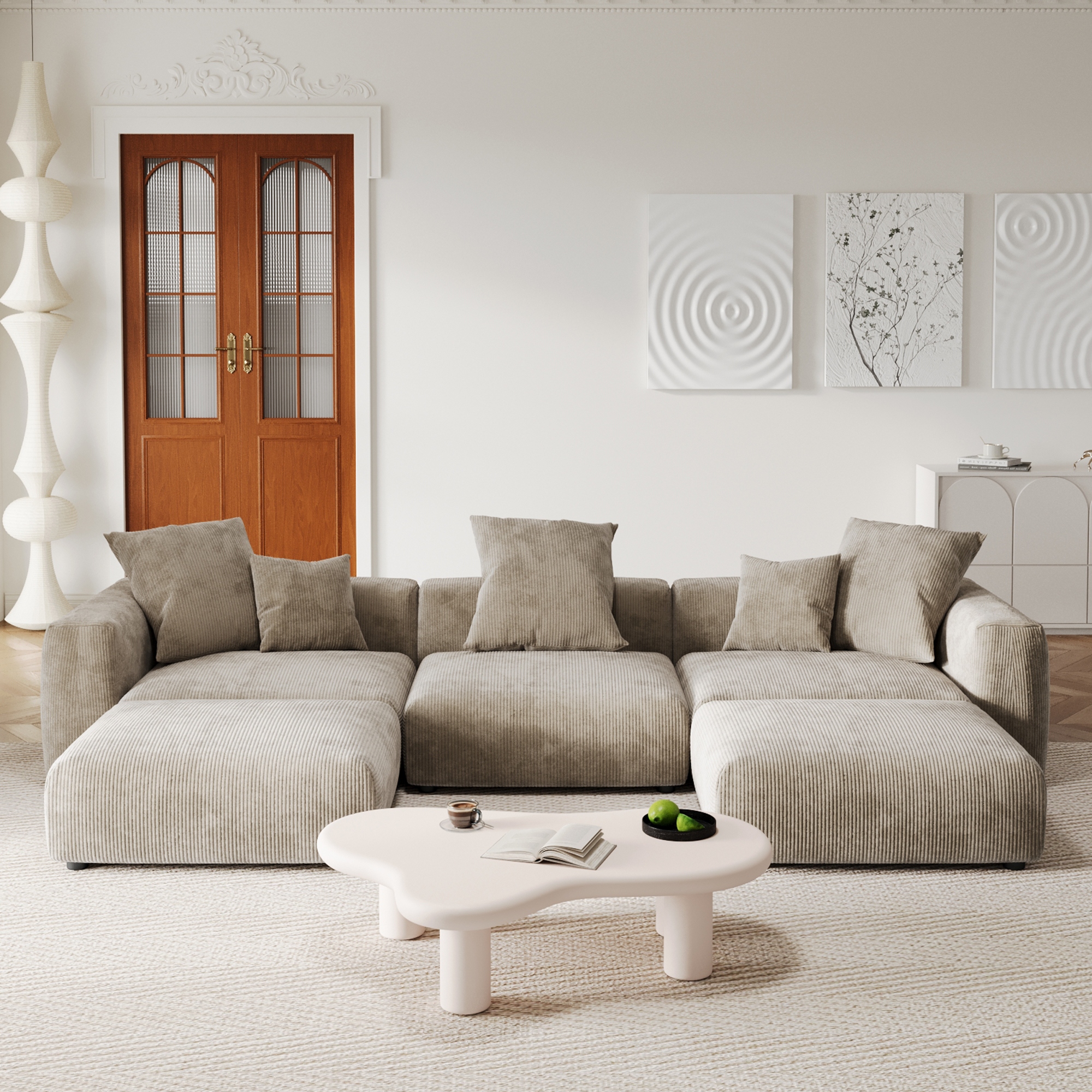 141.73 U shape Corduroy Modular Sofa Large Size Comfy Sectional Couch Sofa with 5 Pillows