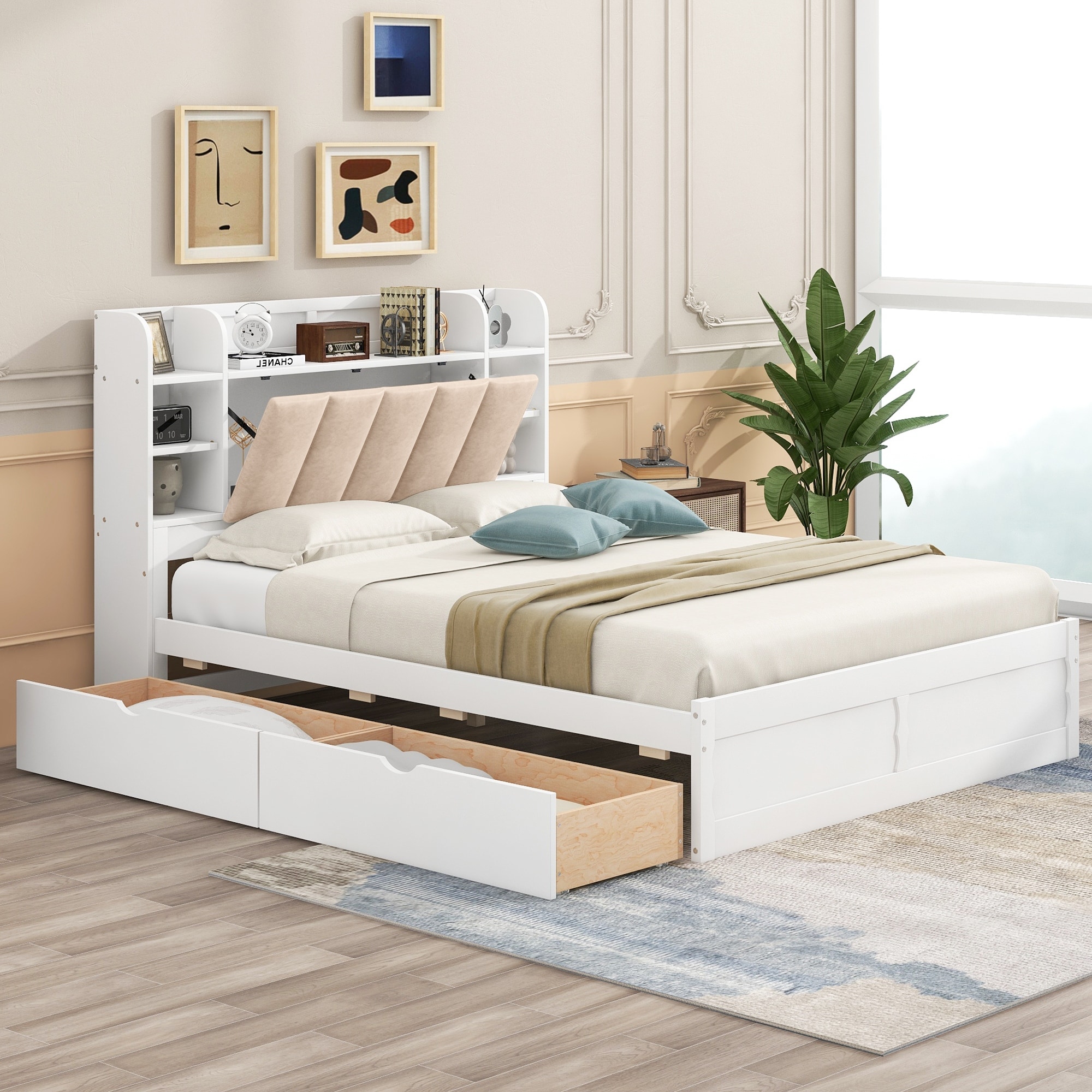 Queen Size Wood Platform Bed Frame with Upholstery Headboard & Storage ...