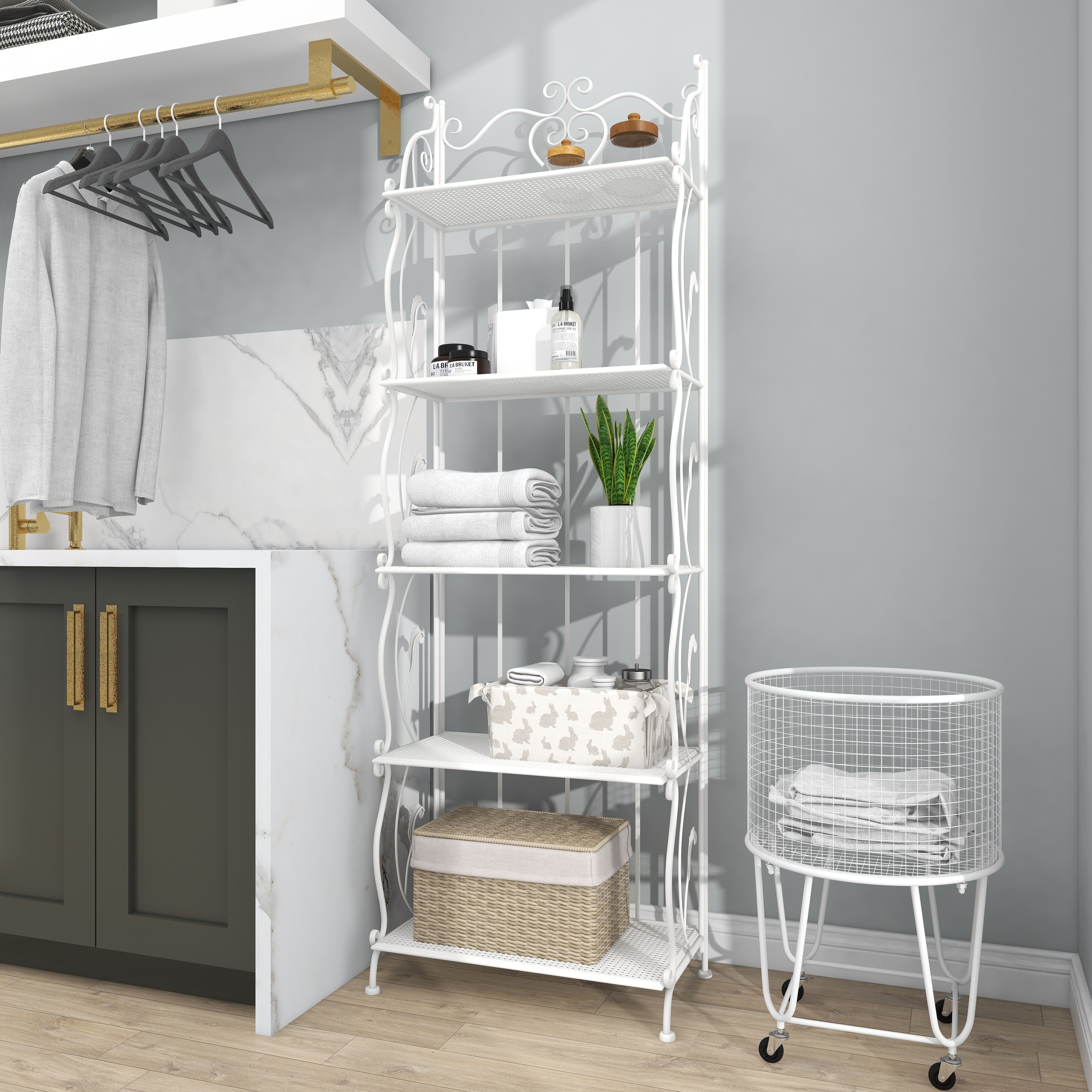 Metal Indoor Outdoor Tall Folding 5 Shelves Scroll Bakers Rack White 12 W 71 H