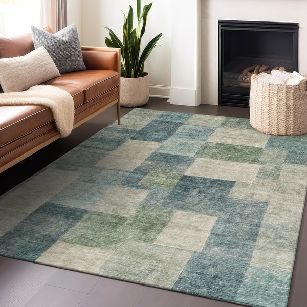 Machine Washable Indoor/ Outdoor Contemporary Blocks Chantille Rug ...