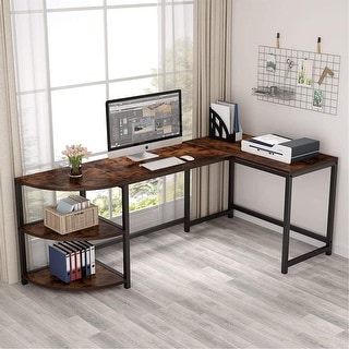 74 inch L-Shaped Computer Desk with Corner Shelf, Corner Desk - Bed ...