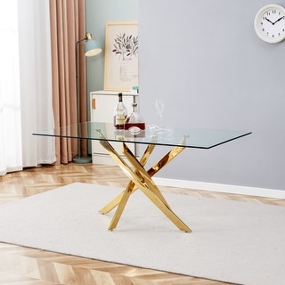 Tempered Clear Glass Golden Leg Dining Table 63" for Dining Room - Bed ...