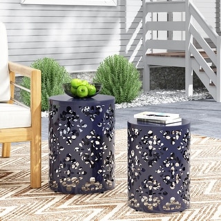 Outdoor Metal Round Hollow Side Tables (Set of 2), Modern End Table ...