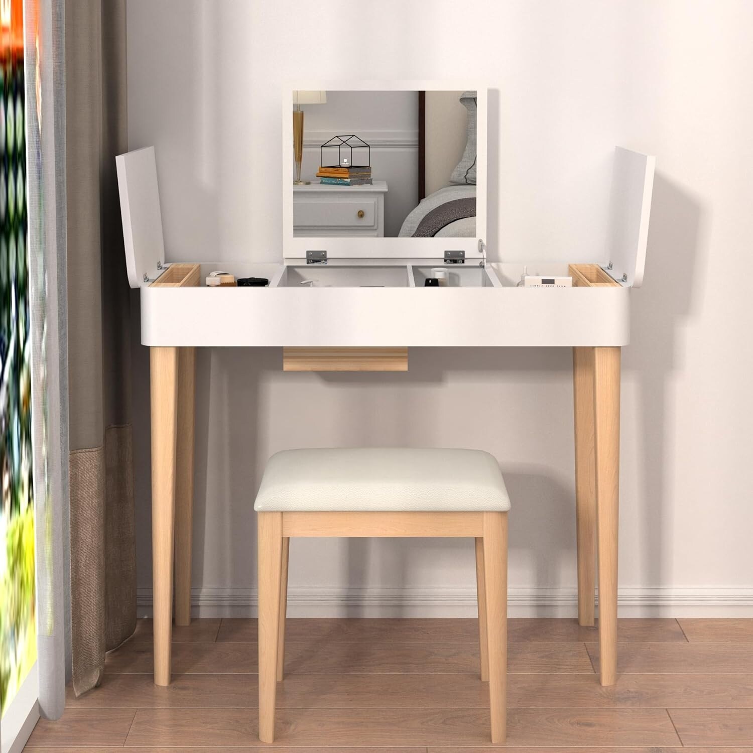 Vanity Table with Flip Top Mirror Wooden Makeup Dressing Table Flip Top Makeup Vanity Table with Double Door Compartment Bed Bath Beyond 39948333