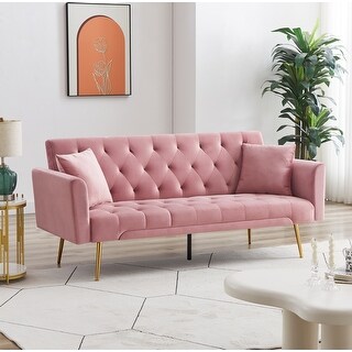 Pink Fold Futon Couch Convertible Velvet Sleeper Sofa Bed w/ Pillows ...