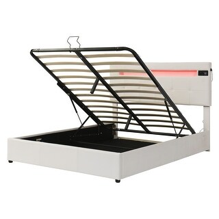LED Light Platform Bed Frame w/ Hydraulic Storage,Bluetooth,USB Port ...