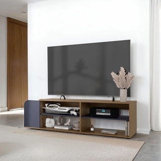 Modern TV Stand with Open Shelves, Navy blue and Natural Oak - Bed Bath ...
