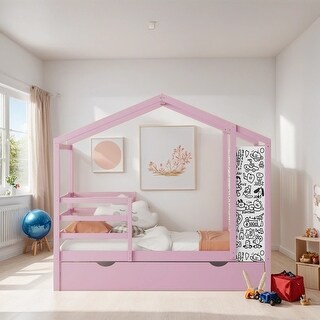 Twin Size Wood House Bed with Fence and Writing Board, Pink - Bed Bath ...