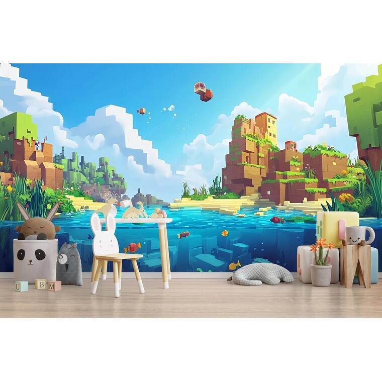 Blocks Ocean Wall Mural for Kids Pixel Art Adventure Room Decor ...