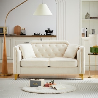 FX 61.5"Mid-century design modern sofa,Chenille Pull Buckle Design Sofa ...