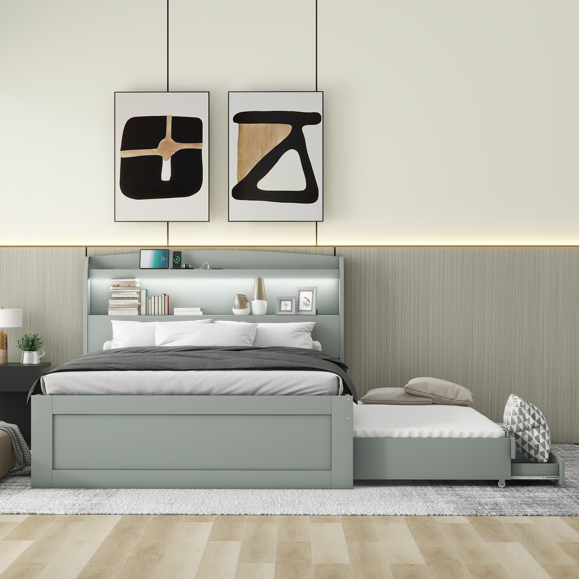 Full XL Size Platform Bed with Storage LED Headboard Trundle 2 Drawers Bed Bath Beyond 40423412