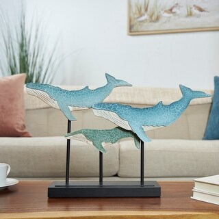 Blue Wooden Textured Whale Decorative Sculpture with Black Metal Stand ...