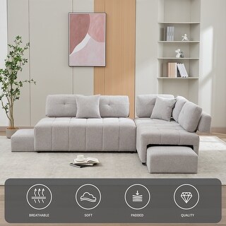 Vertical Futon Sectional Corner Sofa with Stools, Light Gray Chenille ...