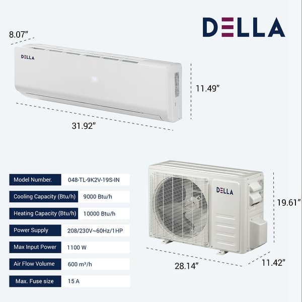 DELLA 9K BTU 208-230V Mini Split AC & Heater Inverter System - 9000 BTU ...