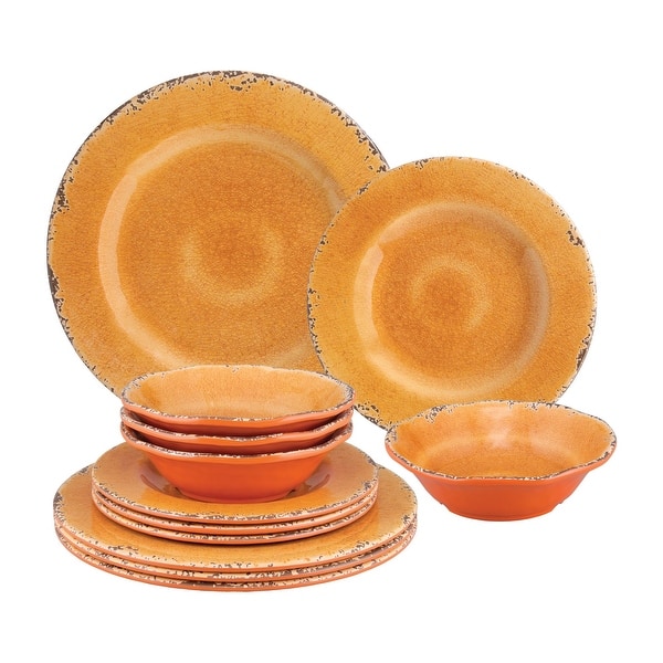 UPware 12-Piece Crackle Melamine Dinnerware Set, Orange - Bed Bath ...