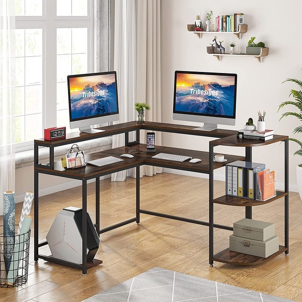 63 Inch L Shaped Desk with Monitor Shelf and CPU Standfor Home Office ...