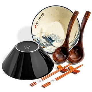 Japanese Ramen Bowl Set with Great Wave Design 60oz Large Ceramic Bowls ...