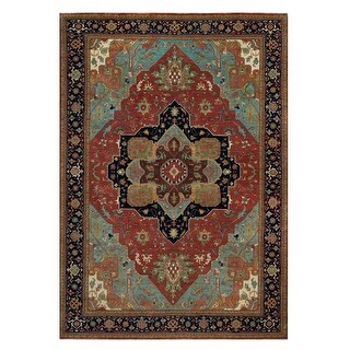 Shahbanu Rugs King's Red Antiqued Fine Heriz Re-Creation with Blue ...