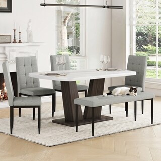 White+Grey Dining Table Set with Upholstered Chairs and Bench for 6 ...