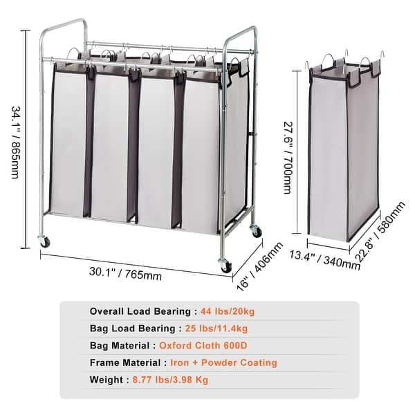 VEVOR Laundry Sorter Cart 3 to 4 Section with Removable Bags and ...