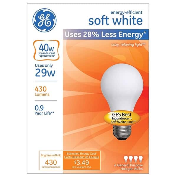GE Lighting 66246 Energy-Efficient A19 Halogen Bulb, Soft White, 29W, 4 ...
