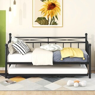 Twin Size Metal Daybed w/Adjustable Trundle, Portable Folding Trundle ...