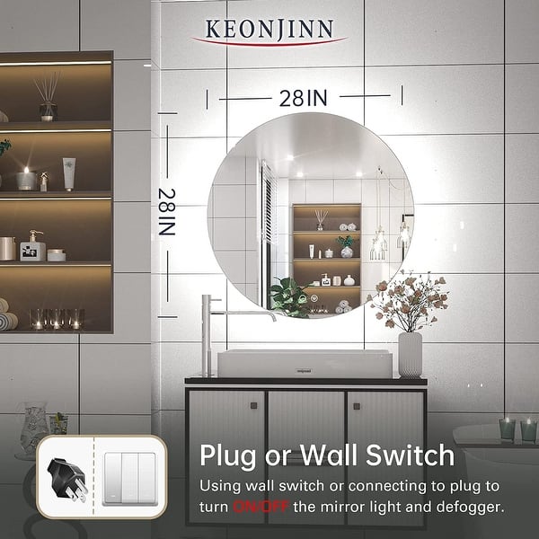 Keonjinn LED Backlit Round Bathroom Vanity Mirror, Wall Mounted ...