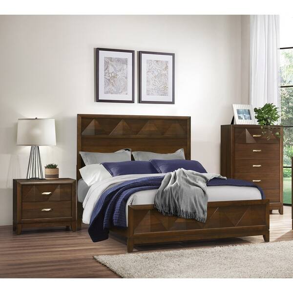 Walnut Finish Bedroom Set 3pc Bed Nightstand Chest Set Decorative ...