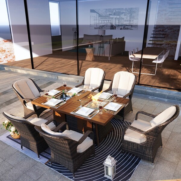 7-Piece Patio Sofa Set with Firepit and Ice Container Dining Table - On ...