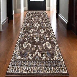 HomeRoots 10' Ivory Blue And Brown Floral Runner Rug - 10' Runner - Bed ...