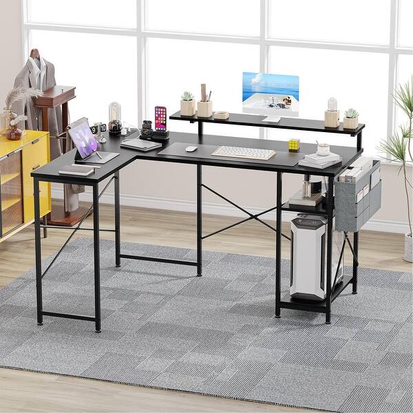 Black Reversible L Shaped Computer Gaming Desk with Power Outlet & LED ...